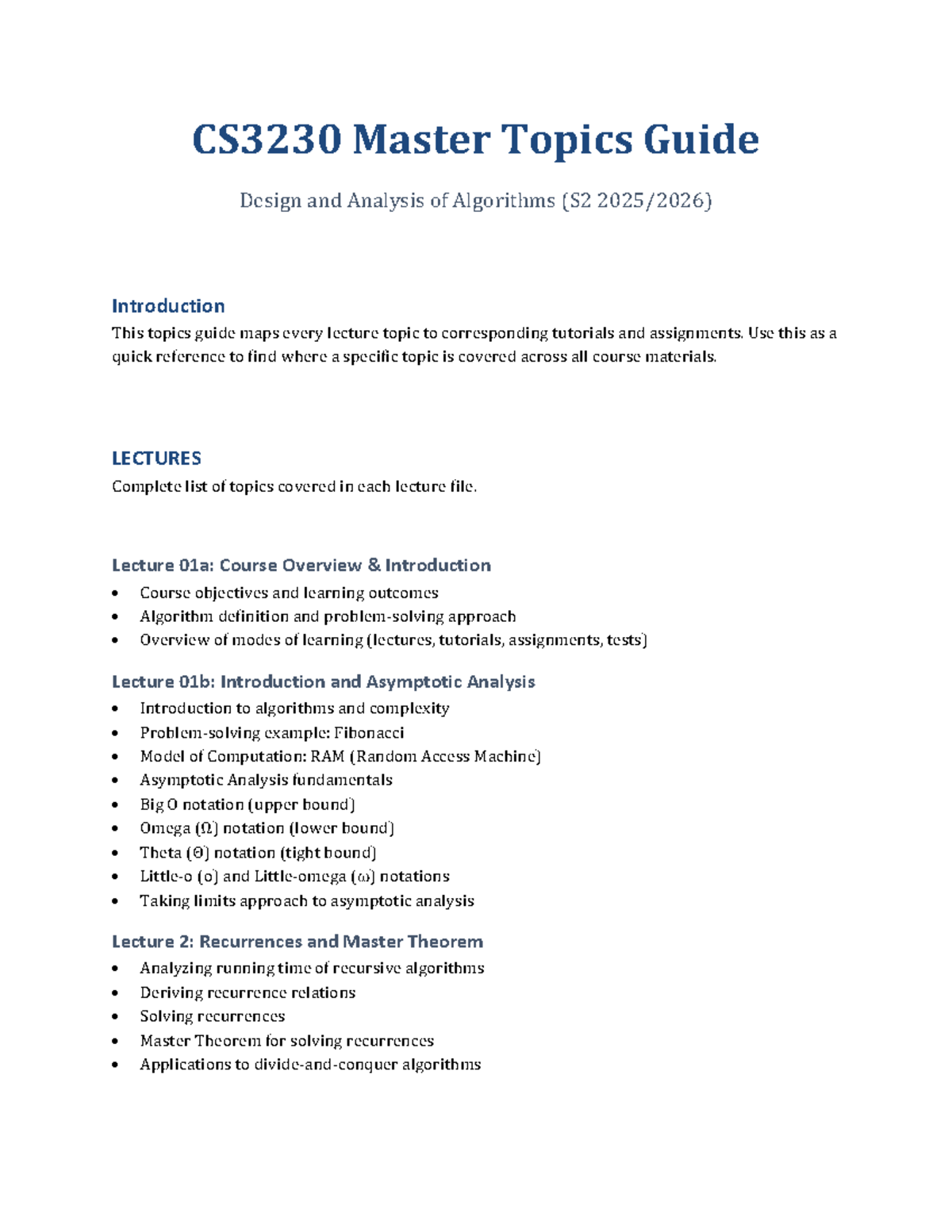 CS3230 Topics Guide: Design & Analysis of Algorithms Overview - Studocu