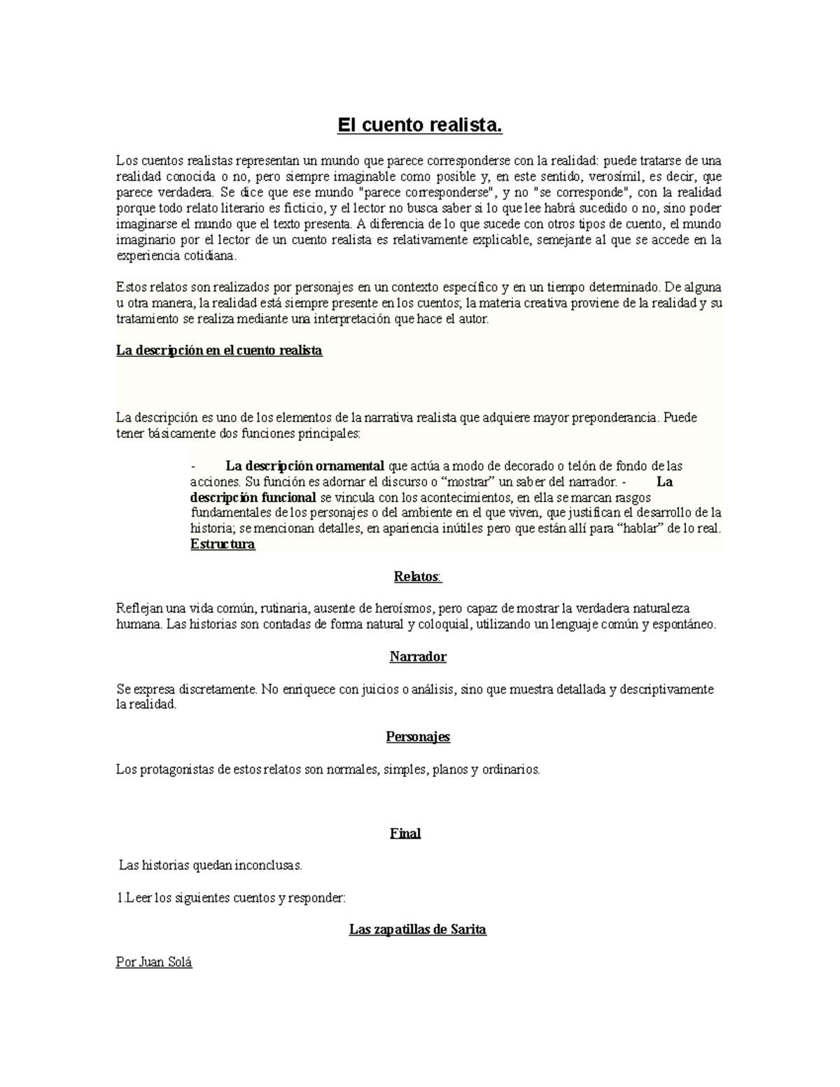 El cuento realista - Análisis y Características del Texto - Studocu
