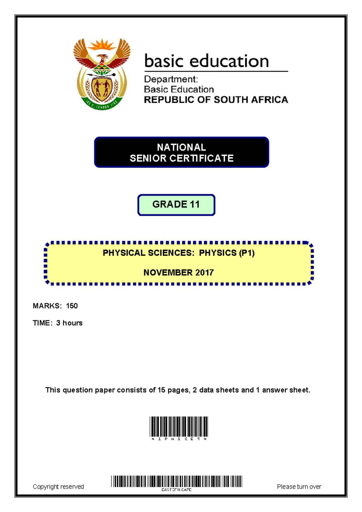 Physical Sciences P1 Grade 11 November 2017 Exam Paper - Studocu