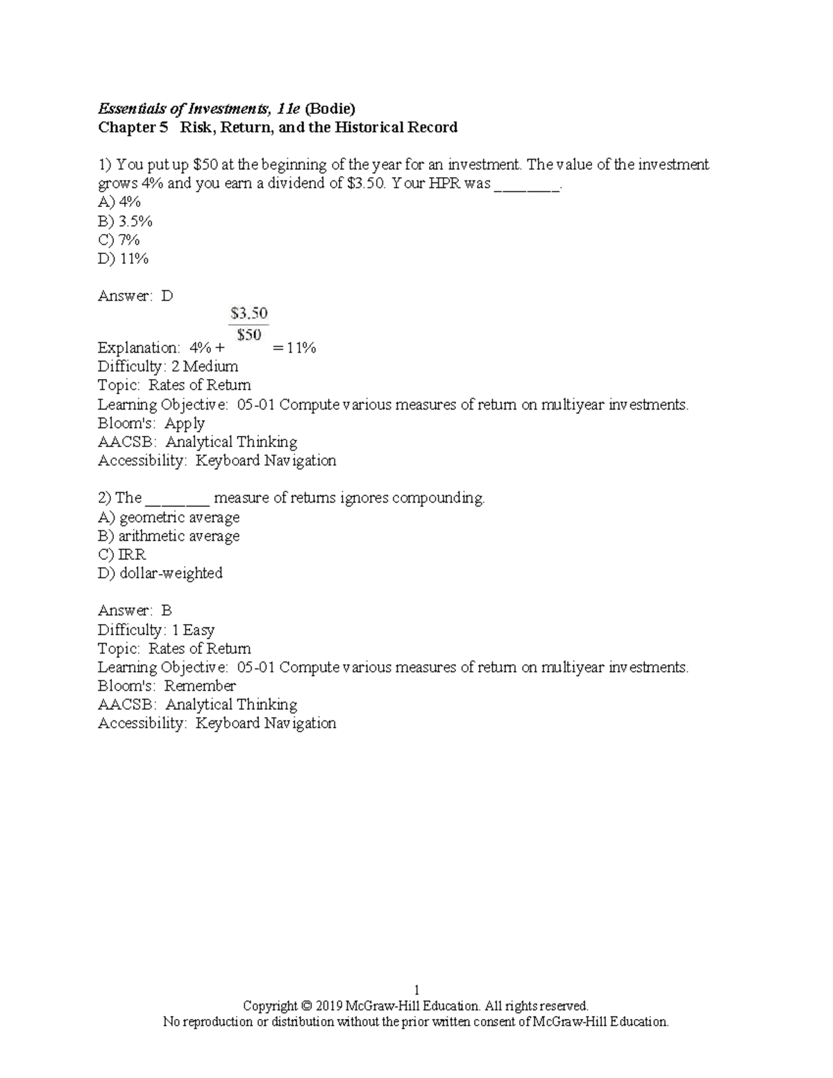 Bodie 11e Chapter 5 TB Answer Key: Risk, Return, and Historical Record ...