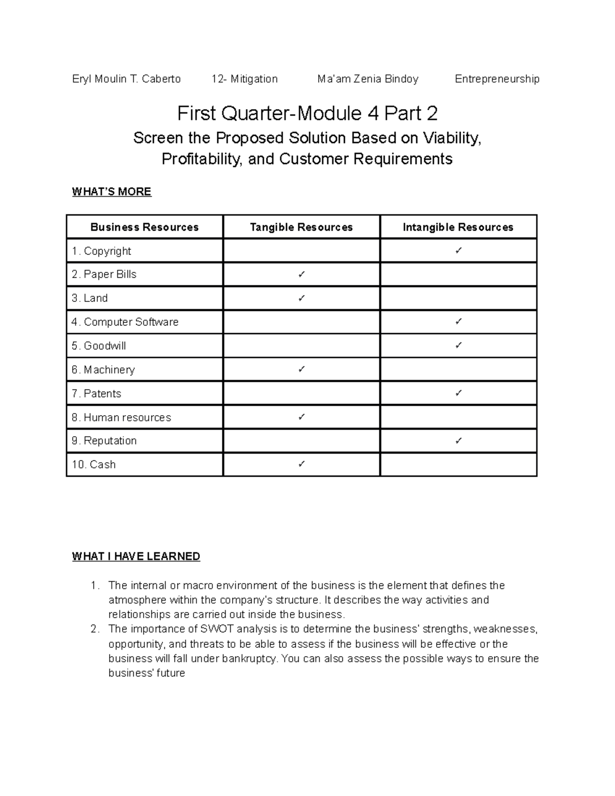 First Quarter-Module 4 Part 2 Screen the Proposed Solution Based on ...