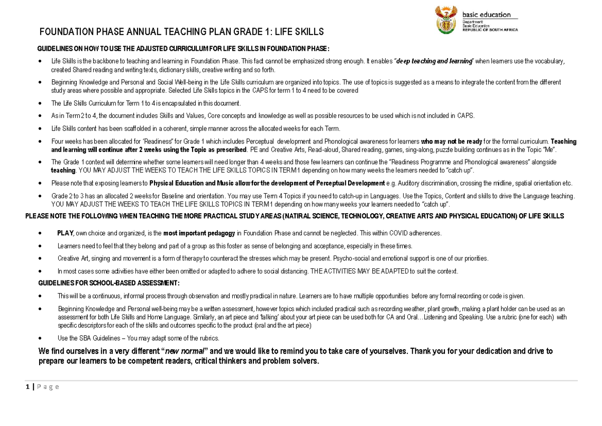 FOUNDATION PHASE ANNUAL TEACHING PLAN GRADE 1: LIFE SKILLS 2022 REVISED ...