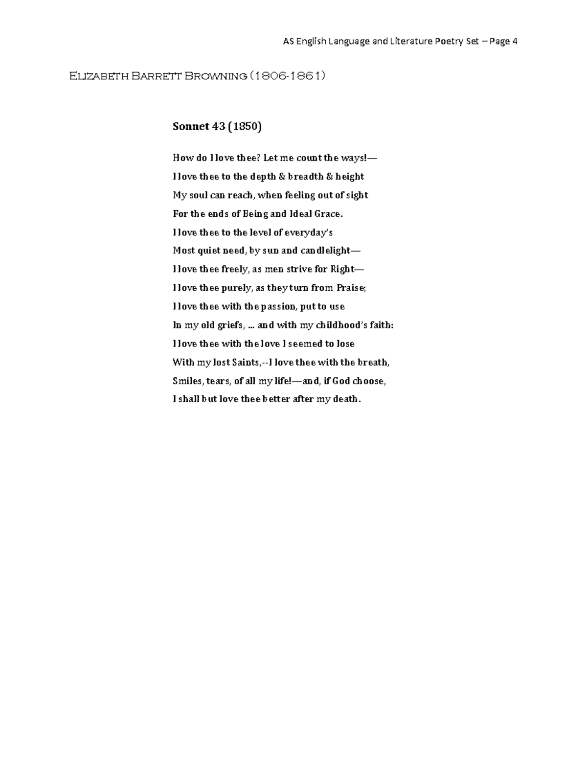 elizabeth barrett browning - sonnet 43 - AS English Language and ...