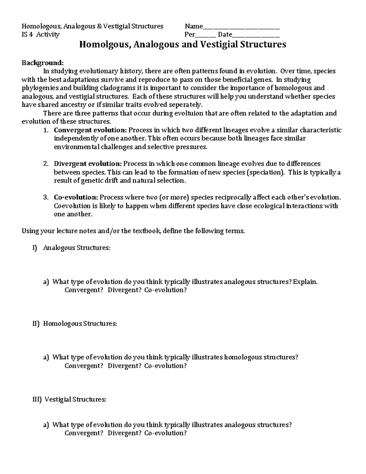 IS 4 Midterm Study Notes: Homologous, Analogous & Vestigial Structures ...