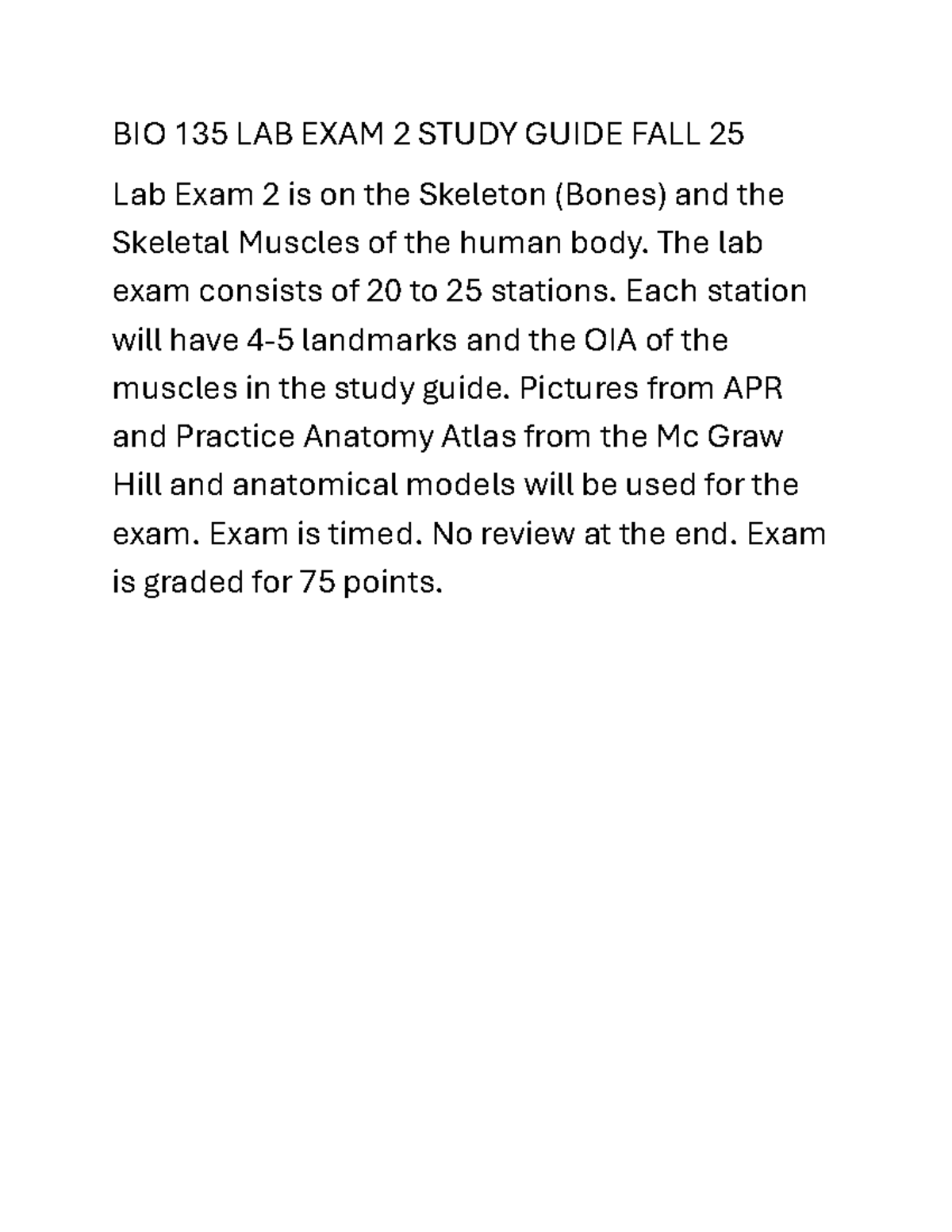 BIO 135 LAB EXAM 2 STUDY GUIDE: SKELETAL & MUSCULAR ANATOMY - Studocu