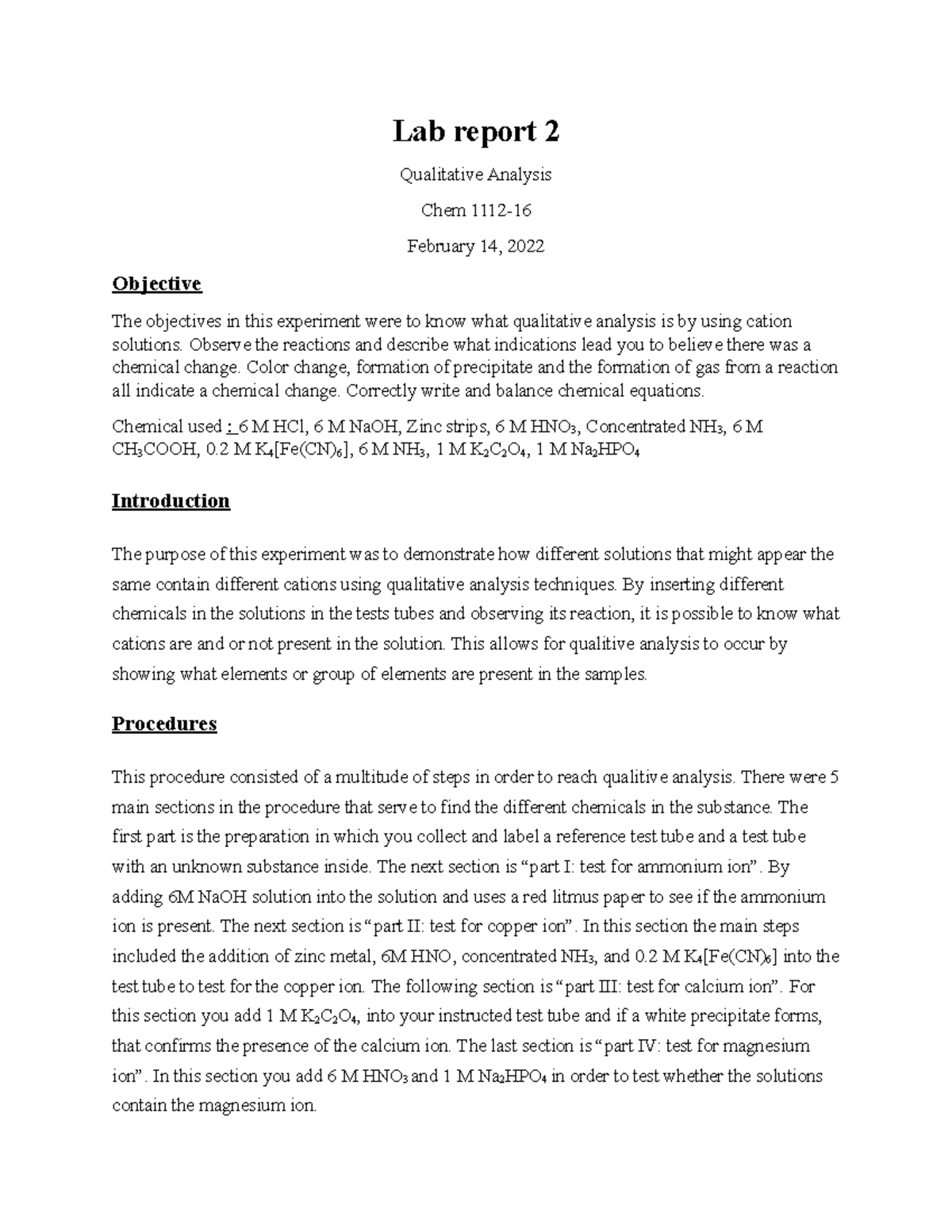 Experiment 2 - Lab report 2 Qualitative Analysis Chem February 14, 2022 ...
