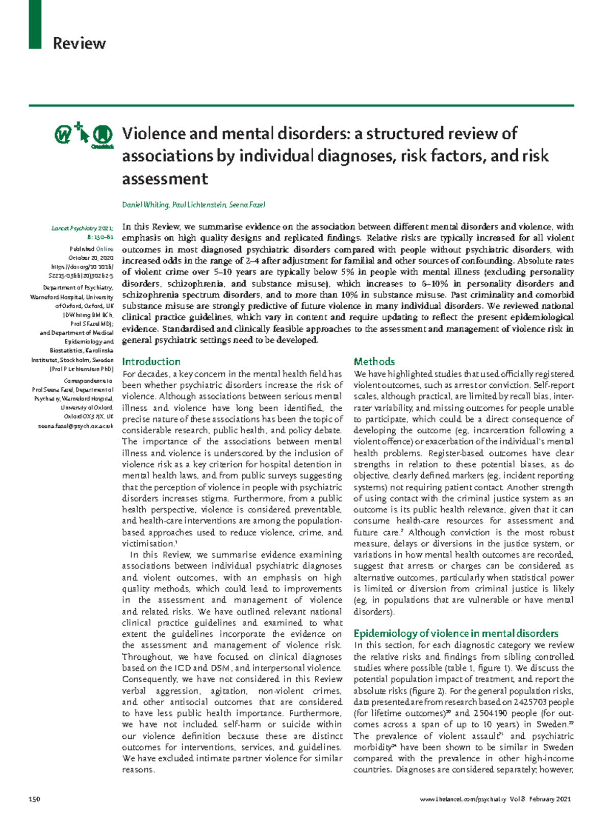 Violence and Mental Disorders: Associations, Risk Factors, and ...