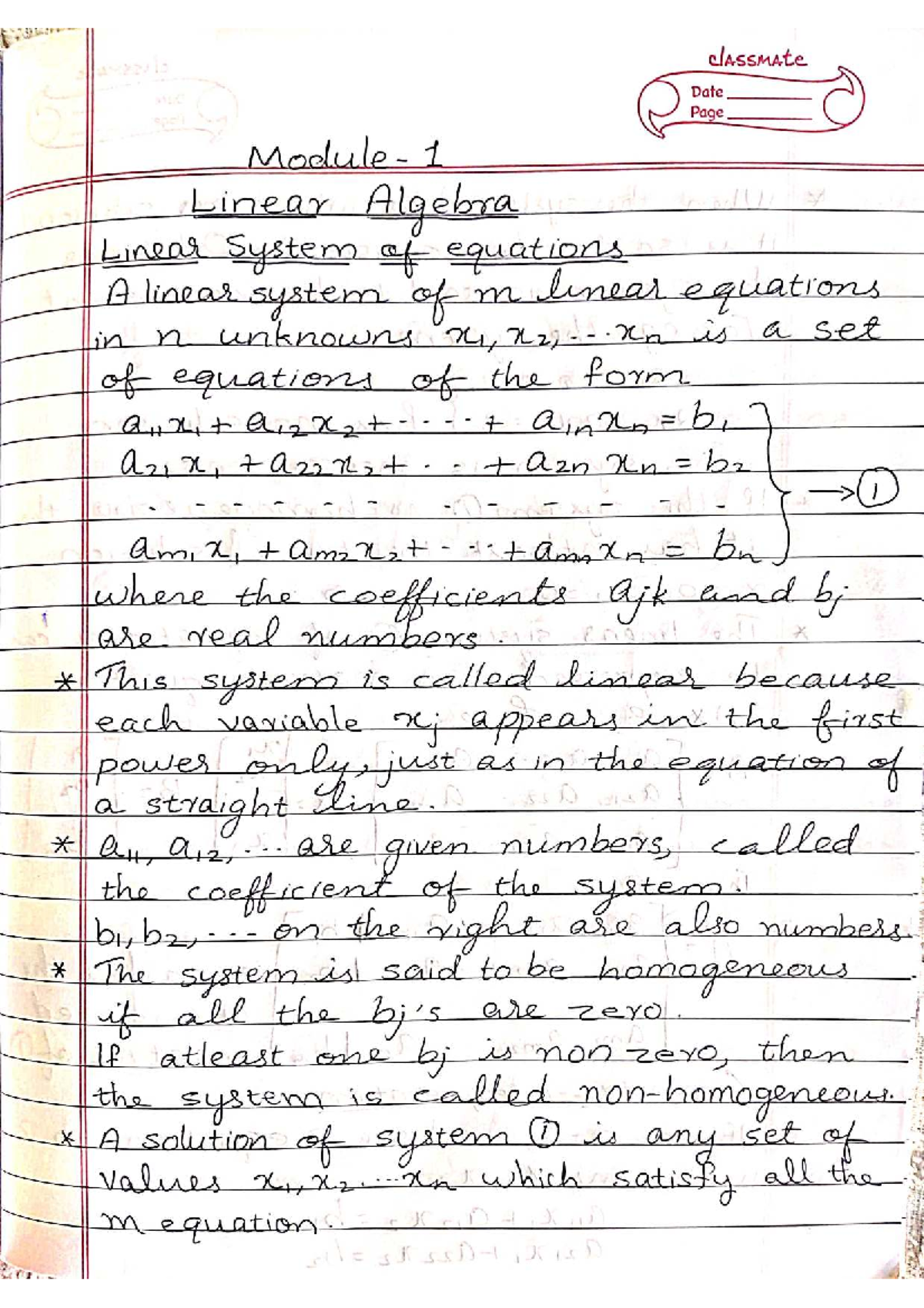 Module 1: Linear Algebra Classmate Notes - Studocu