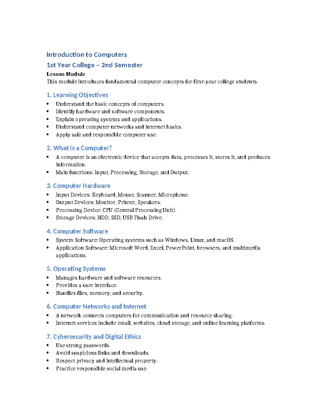 Computer Fundamentals Lesson Module 1st Year College 2nd Sem - Studocu