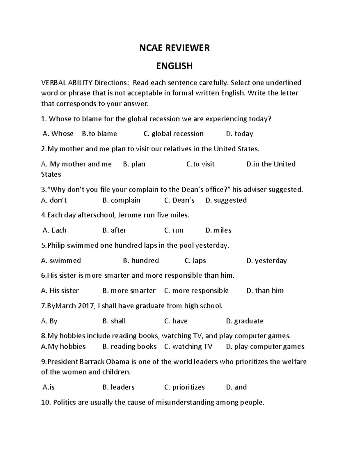 NCAE Final Exam Reviewer: English Language Skills & Verbal Ability - Studocu