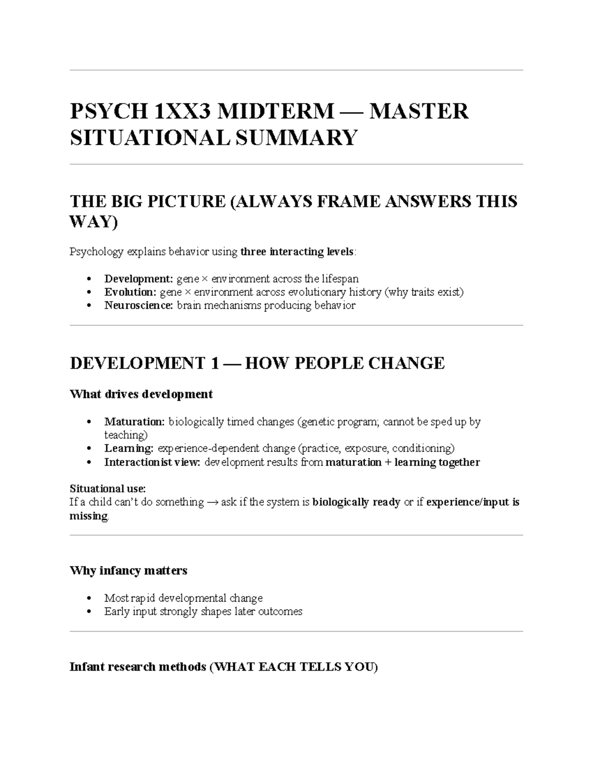 PSYCH 1XX3 MIDTERM NOTES: DEVELOPMENT, EVOLUTION & NEUROSCIENCE - Studocu