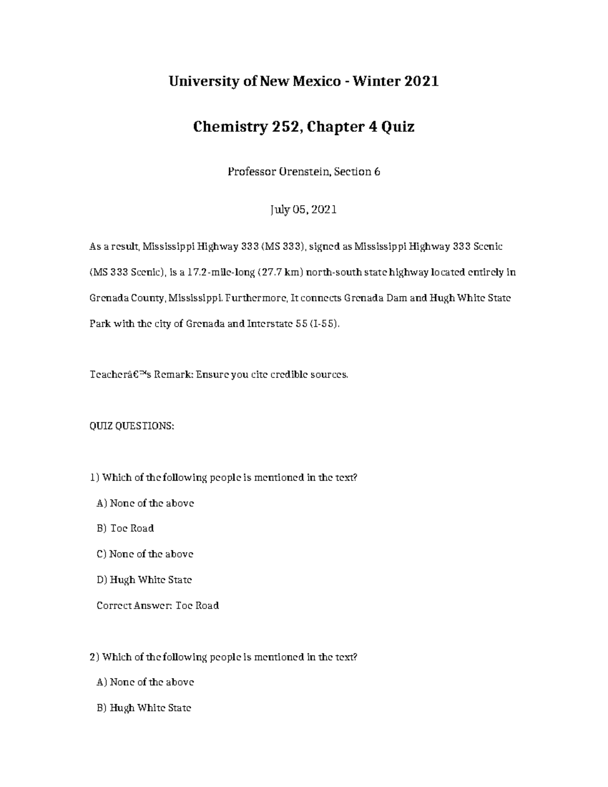 Chemistry 252 Chapter 4 Quiz - Winter 2021 Notes and Questions - Studocu