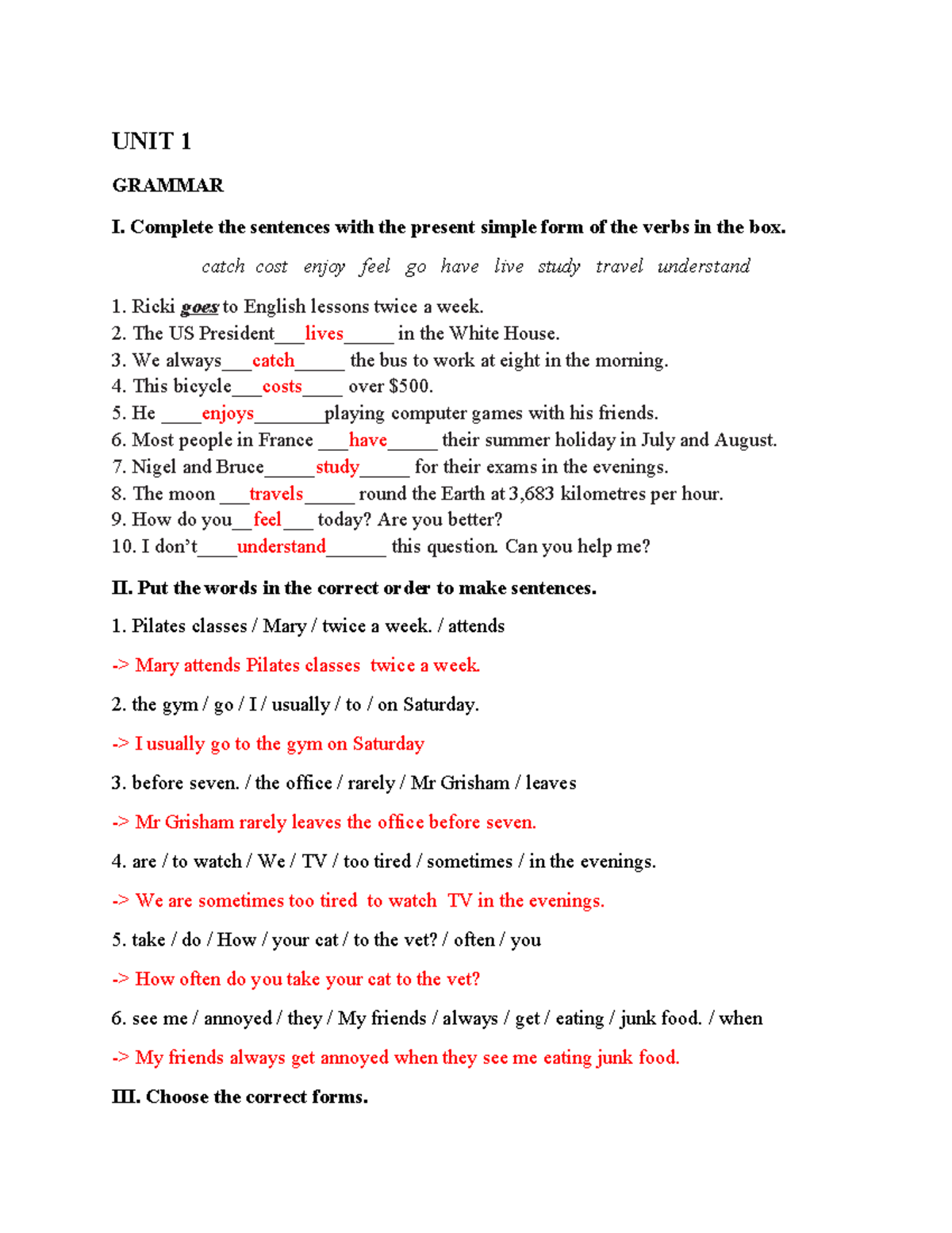 UNIT 1 GRAMMAR I - Answer Key for Exercises - Studocu