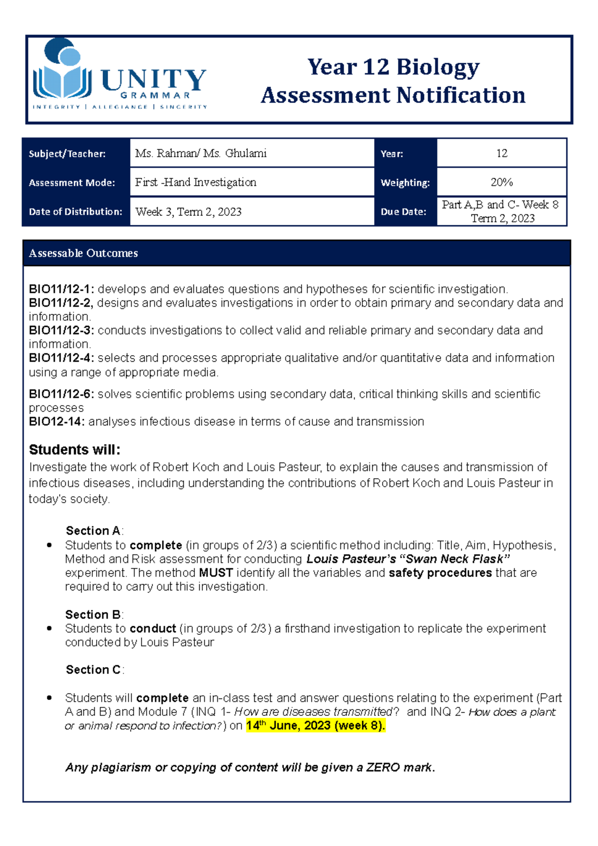 Year 12 Biology Assignment: First-Hand Investigation Guidelines - Studocu