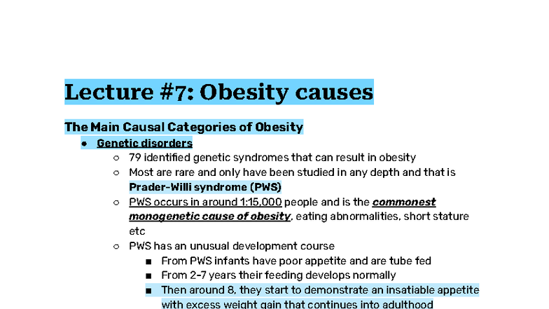 Lecture #7: Causes and Treatment Approaches for Obesity - Studocu
