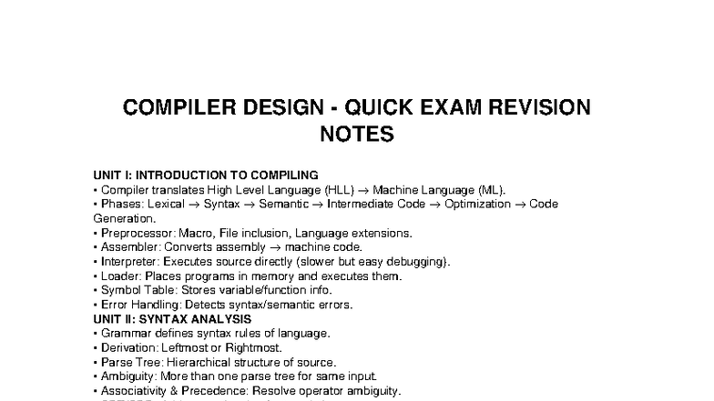 COMPILER DESIGN (CS101) QUICK EXAM REVISION NOTES - Studocu