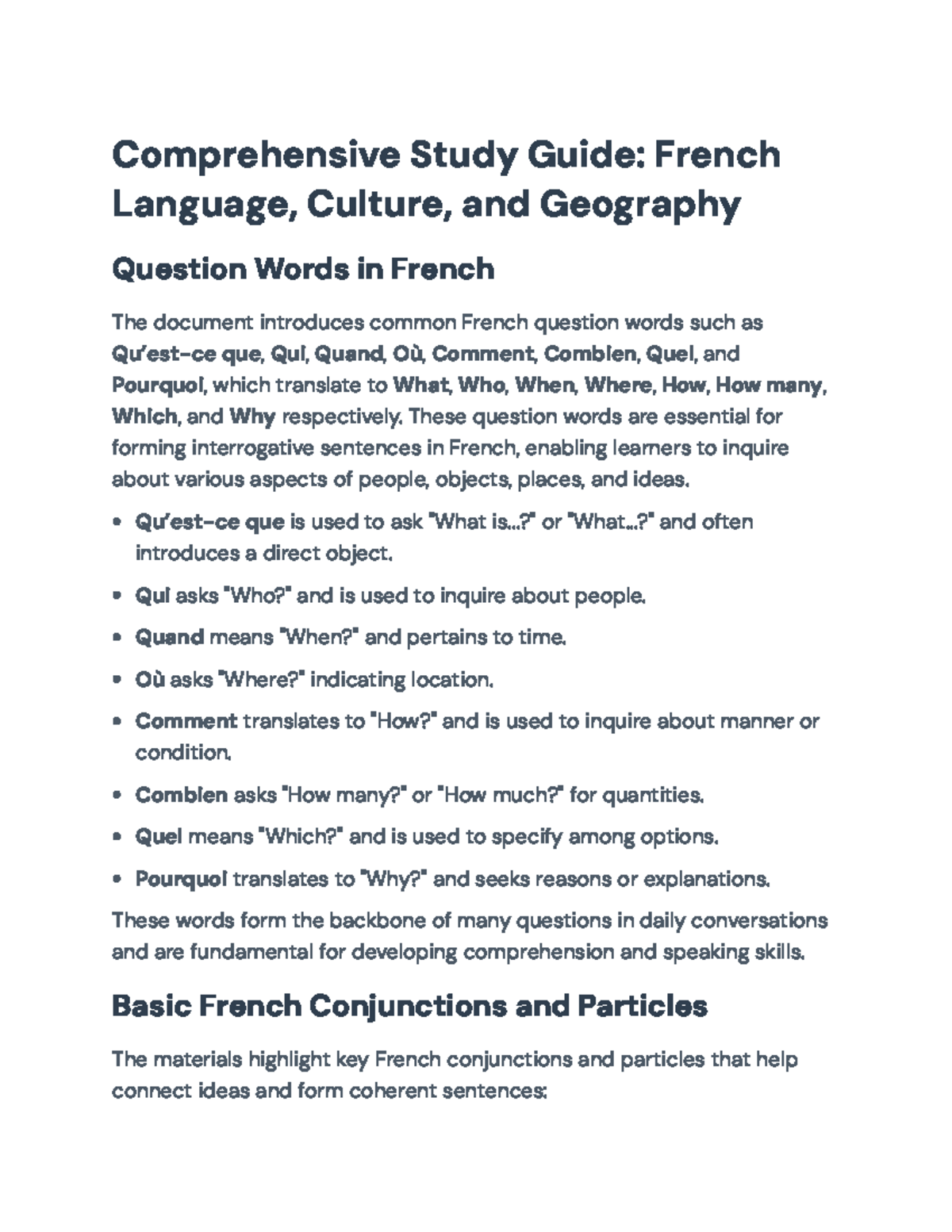 French Language Study Guide: Vocabulary, Questions, and Culture ...