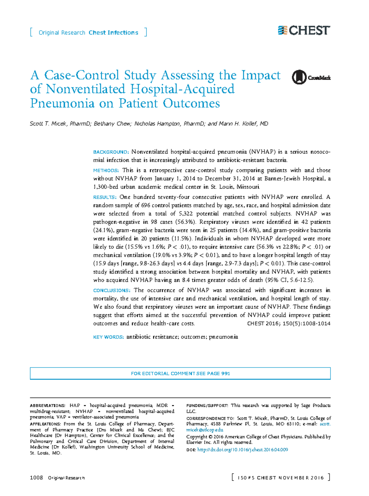 Original Research: NVHAP in Non-Ventilated Patients - A Case-Control ...