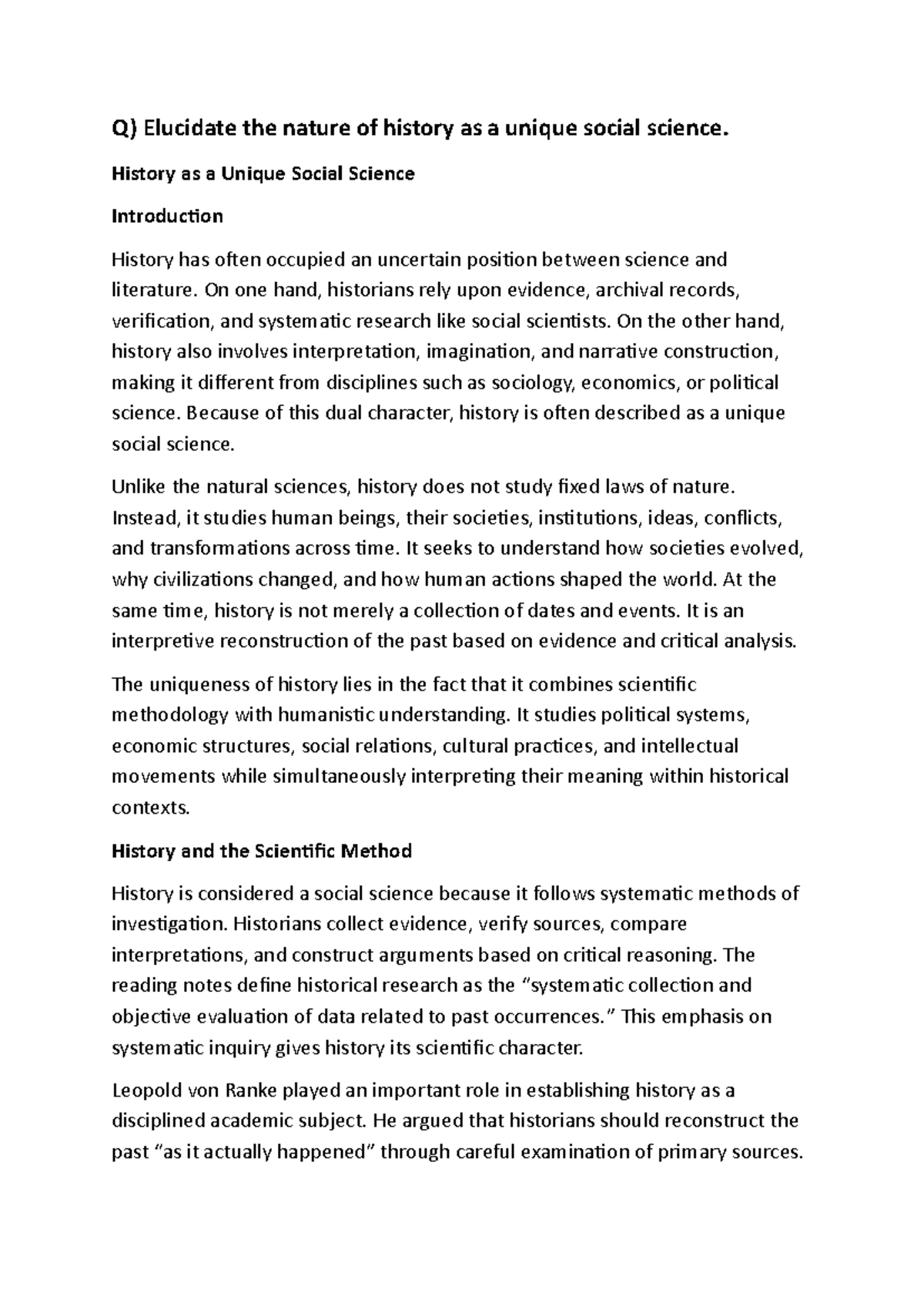 Nature of History as a Unique Social Science: An Analysis - Studocu