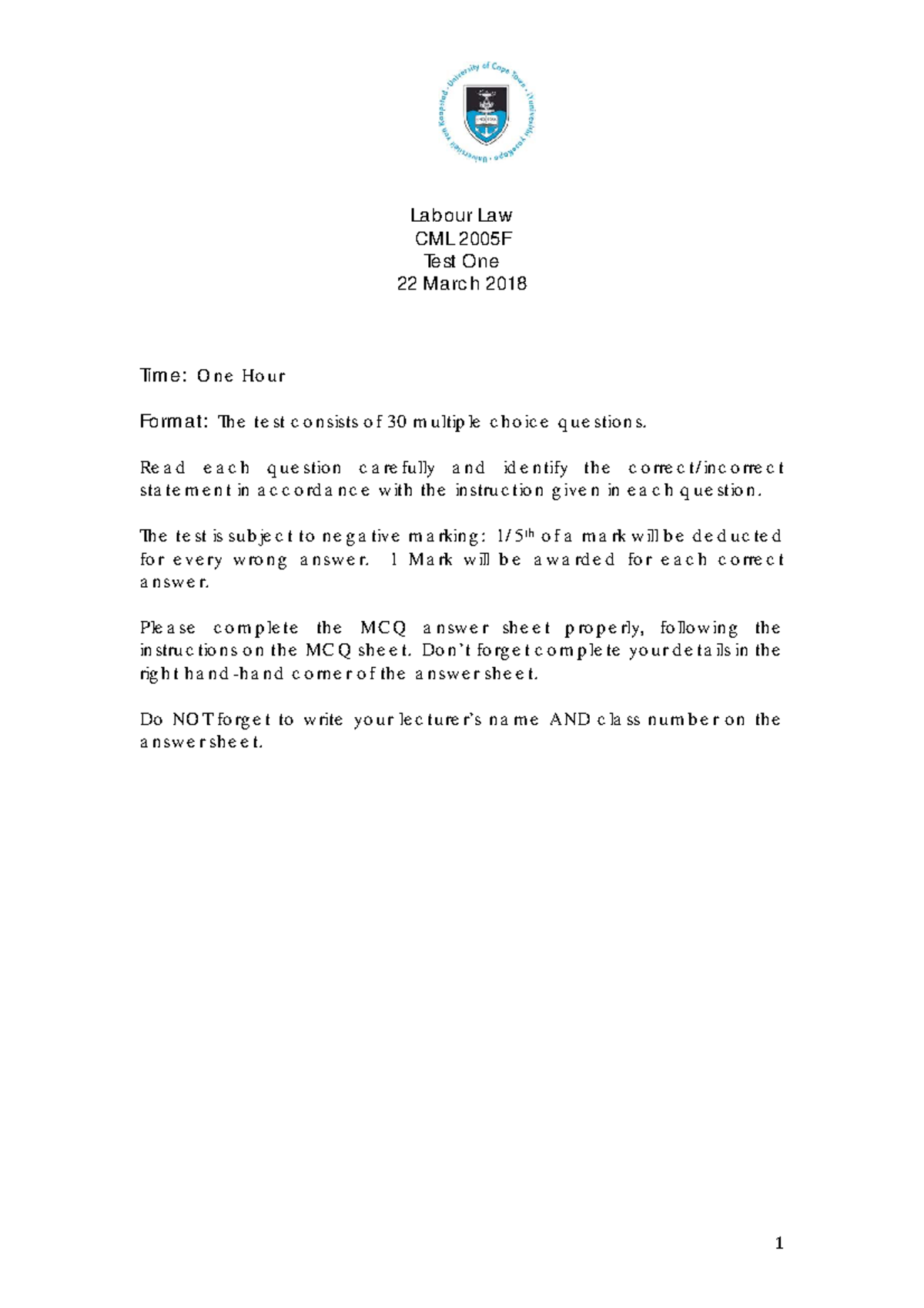 Labour Law CML 2005F Test One - MCQ Format and Instructions - Studocu