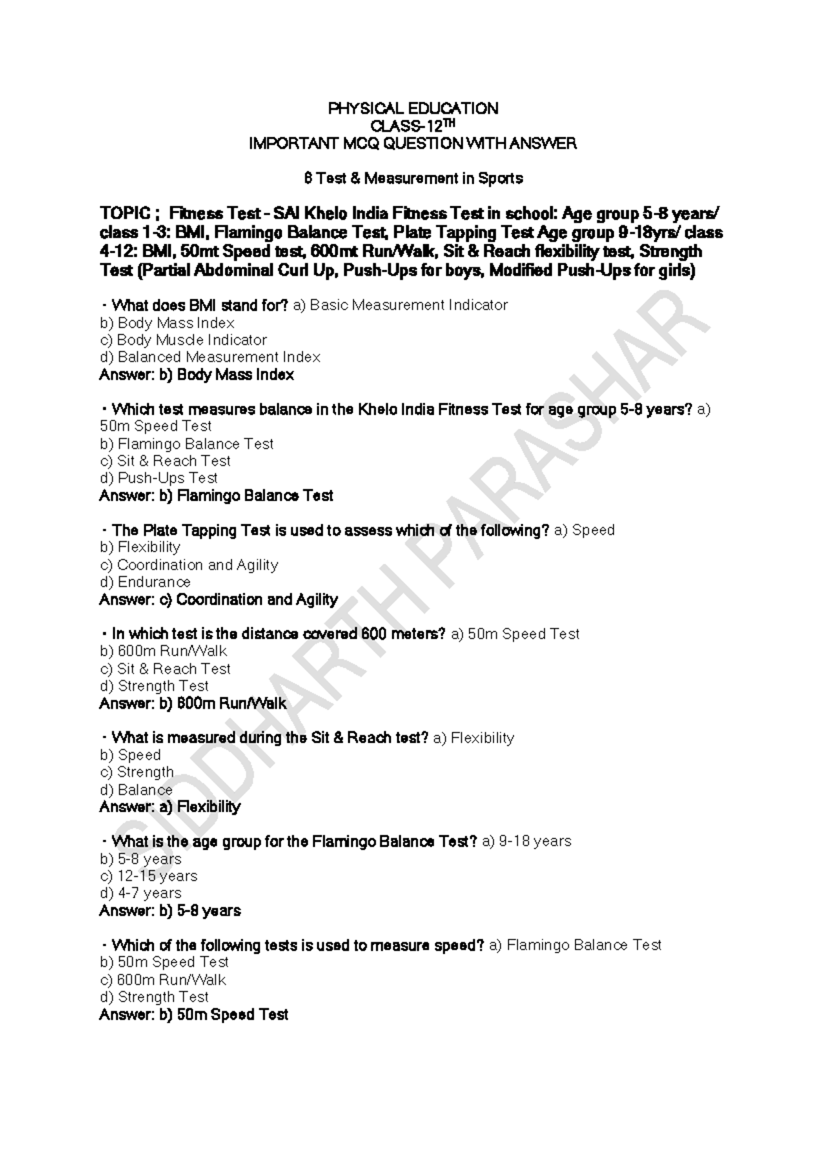 PHYSICAL EDUCATION MCQ UNIT 6: FITNESS TESTS & BMR - Studocu