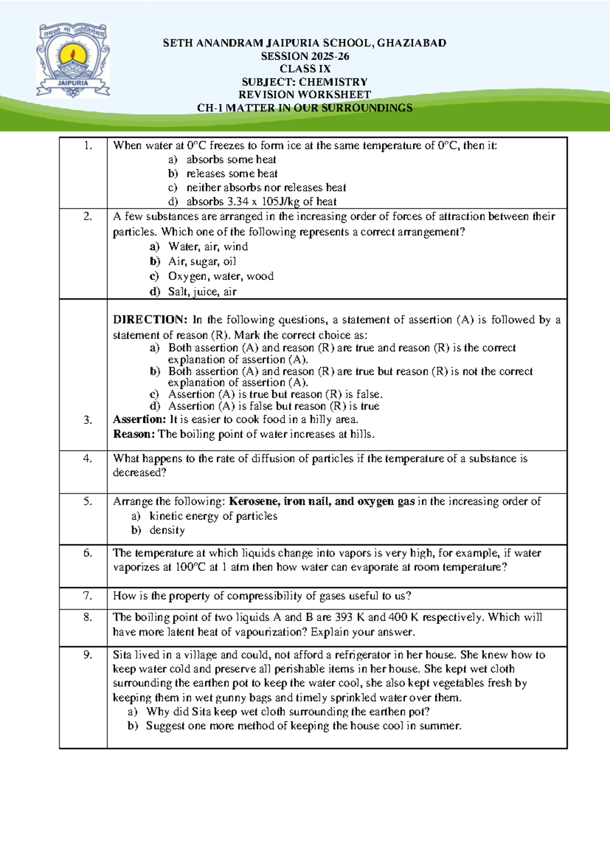 Class IX Chemistry Revision Worksheet: Matter in Our Surroundings - Studocu