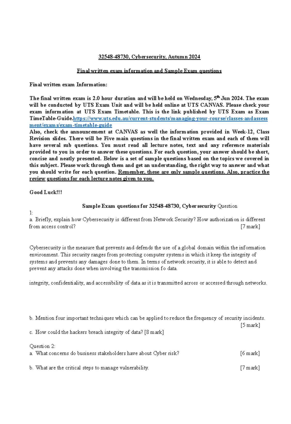 Final Exam Sample Questions - 32548-48730 Cybersecurity, Autumn 2024 ...