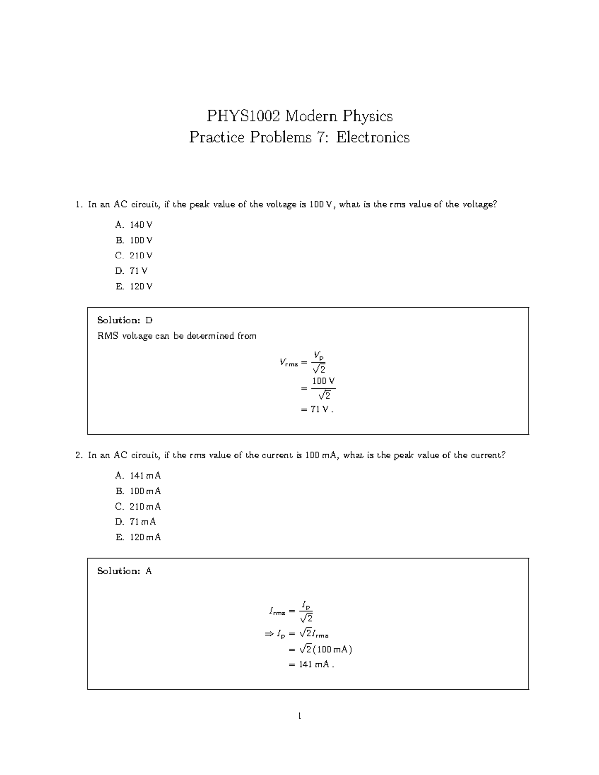 PHYS1002 Practice Problems 07: Solutions for Electronics Concepts - Studocu