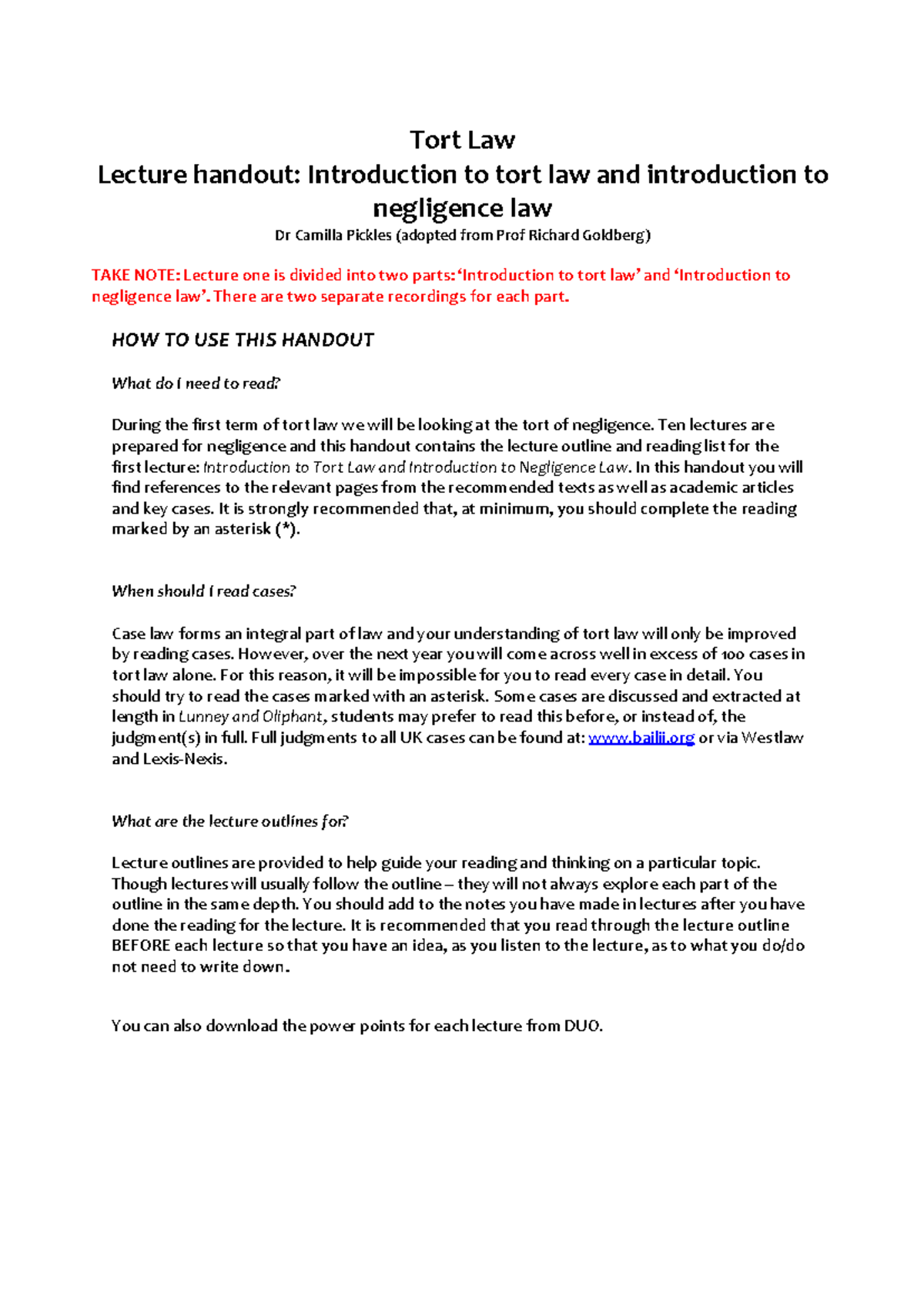Tort Law LECTURE 1: Intro to Tort & Negligence Law Handout - Studocu
