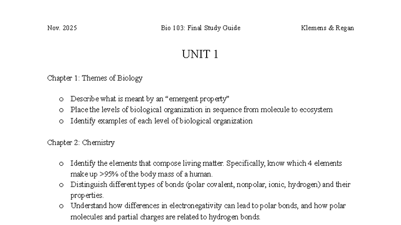 Bio 103: Final Study Guide - Key Concepts from Units 1-3 - Studocu