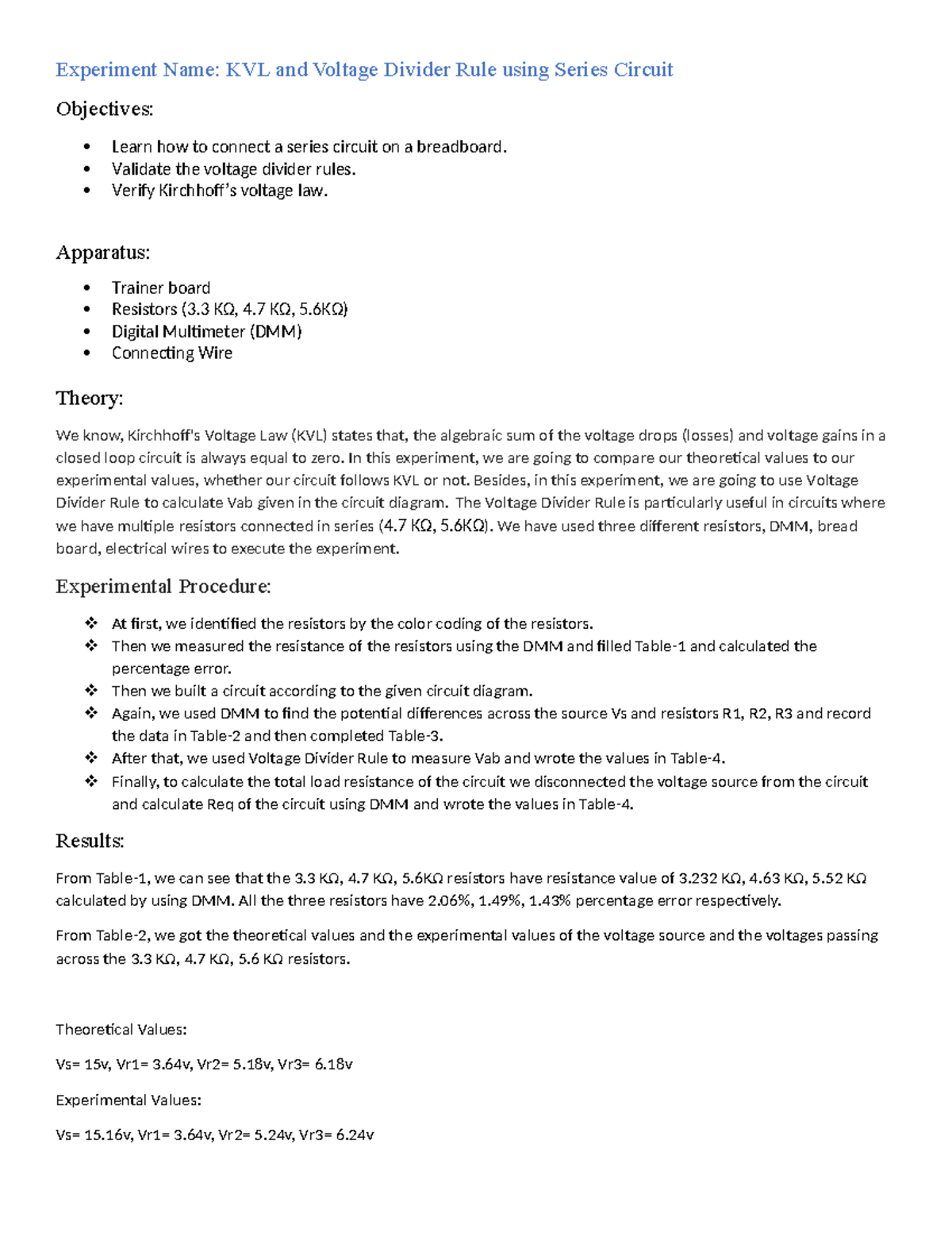 LAB-2 KVL & Voltage Divider Rule Experiment Report - Studocu