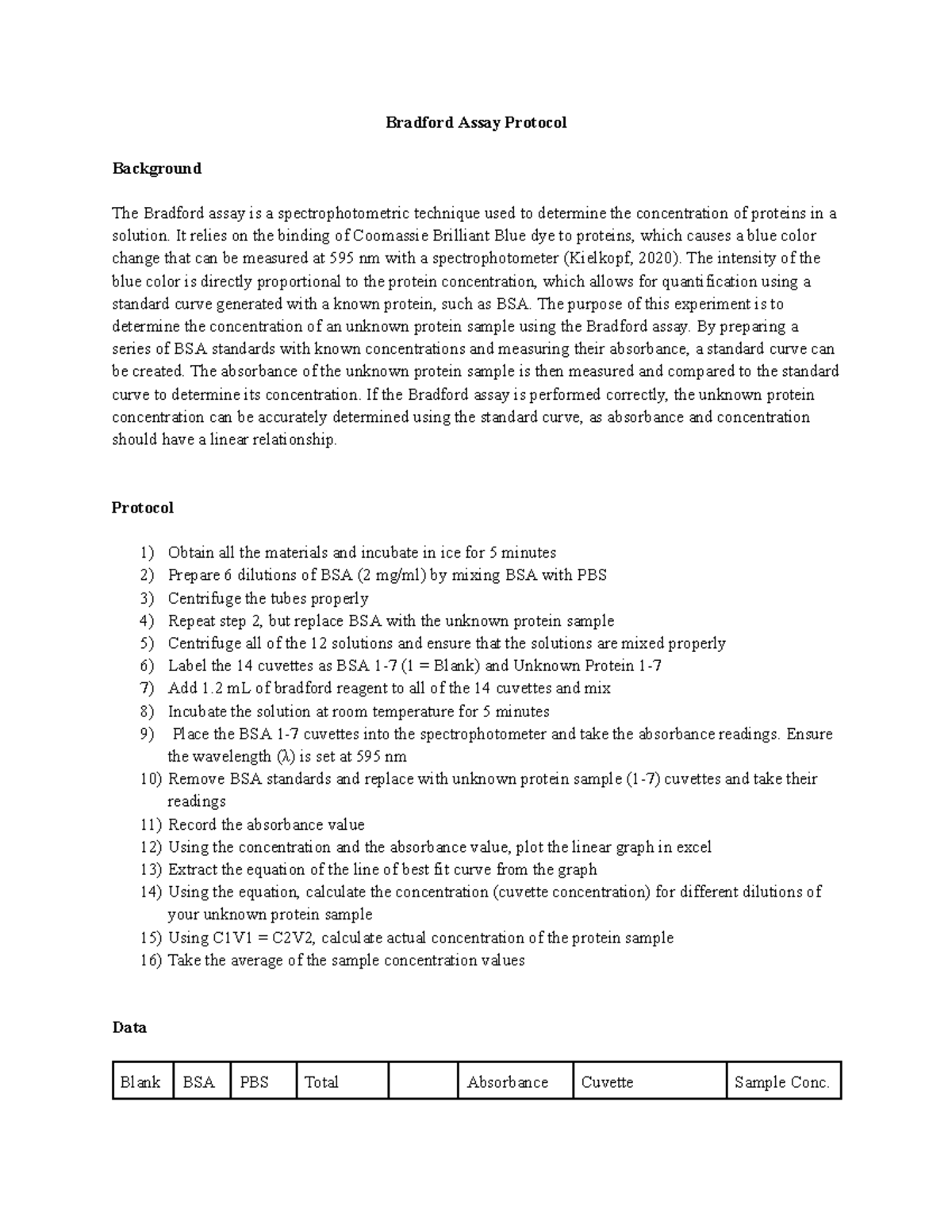 Bradford Assay Protocol (Final Exam) - Studocu