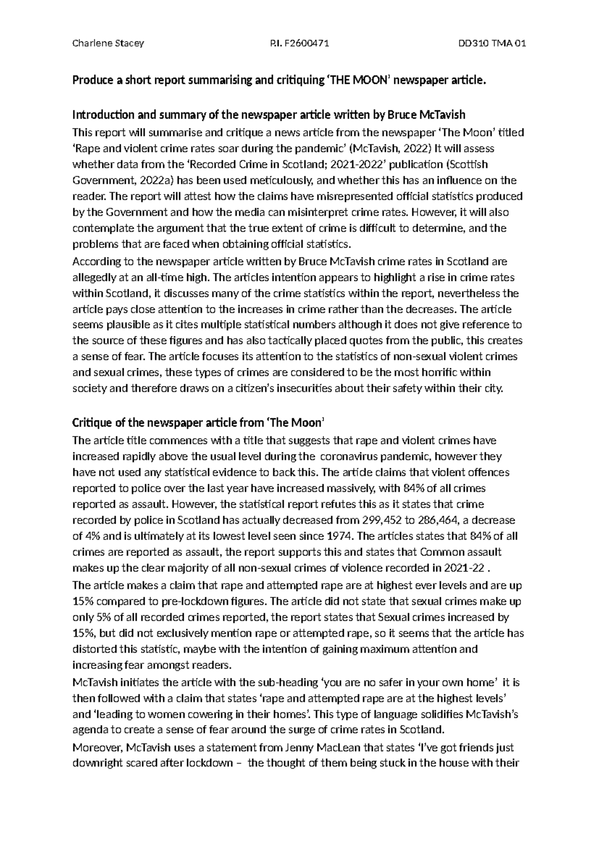 F2600471 DD310 TMA 01 - Critical Report on 'The Moon' Crime Article ...