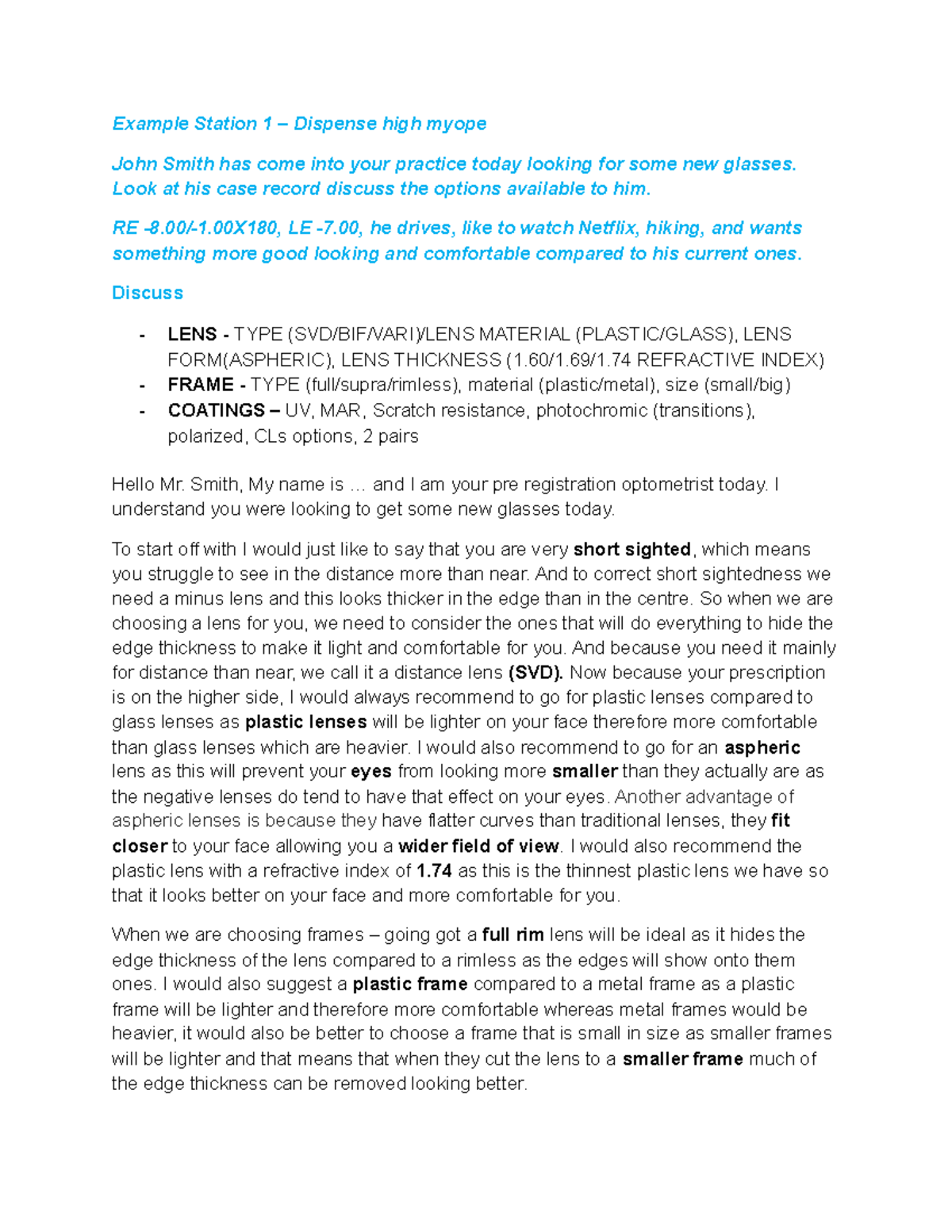 OSCE Case Scenarios: High Myopia & Visual Field Assessments - Studocu