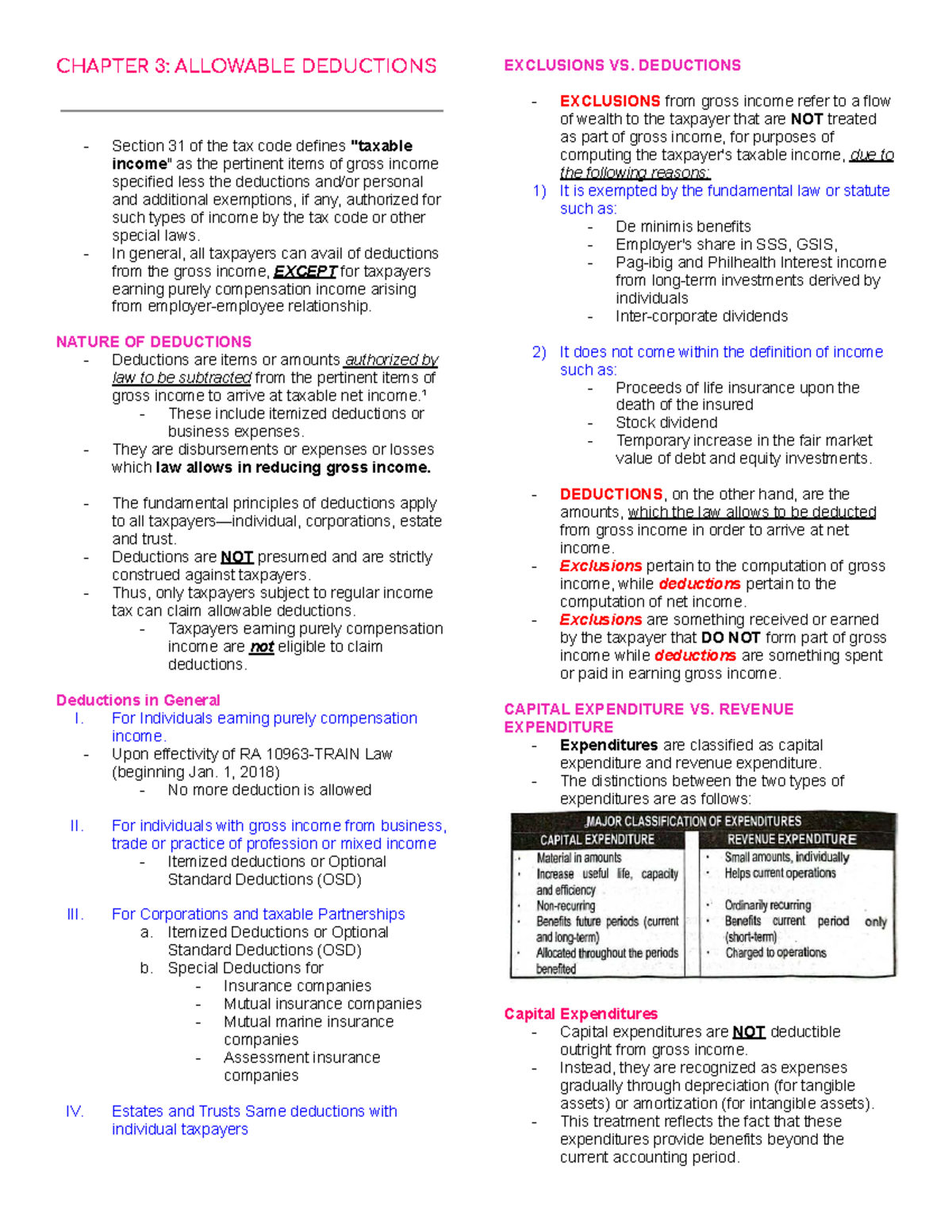 CHAPTER 3: ALLOWABLE DEDUCTIONS AND EXCLUSIONS IN INCOME TAXATION - Studocu