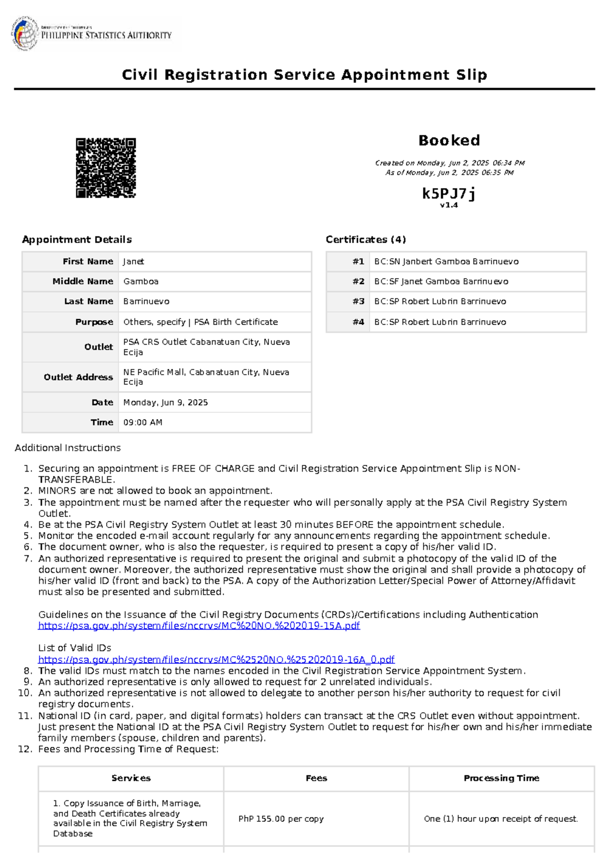 Civil Registration Service Appointment Slip - Janet Gamboa BC:SP - Studocu