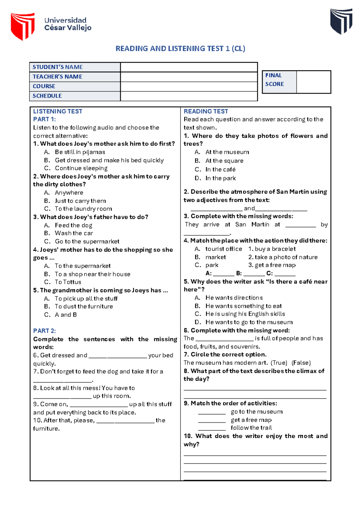 English II Reading & Listening Test 1: Audio & Text Questions - Studocu