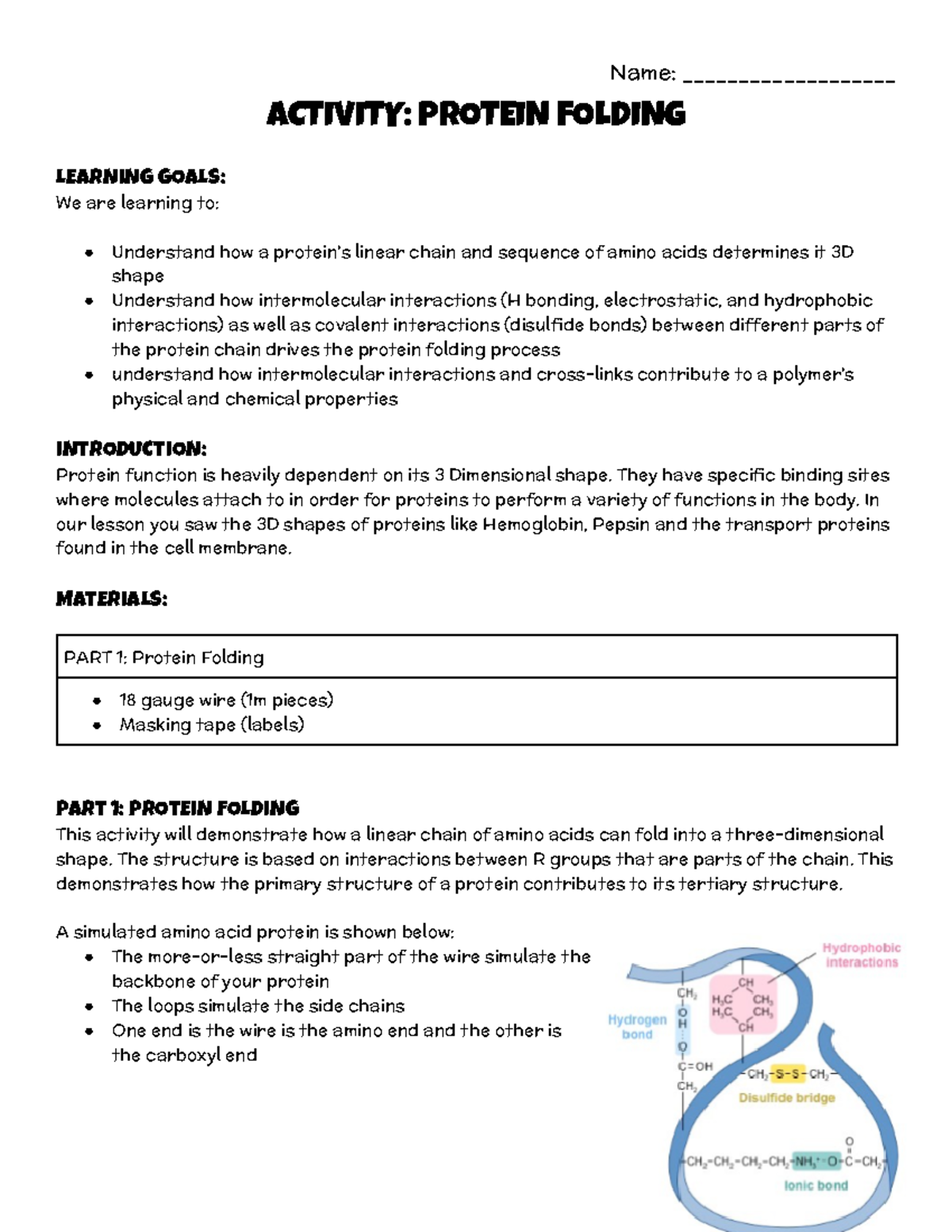 Activity Protein Folding - Name: ___________________ ACTIVITY: PROTEIN ...