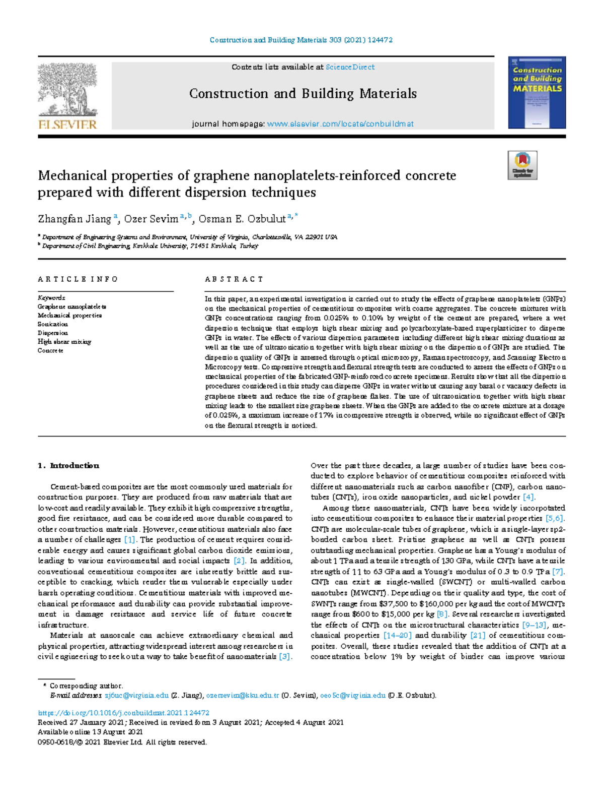 Mechanical Properties of Graphene Concrete: Dispersion Techniques (CIV ...