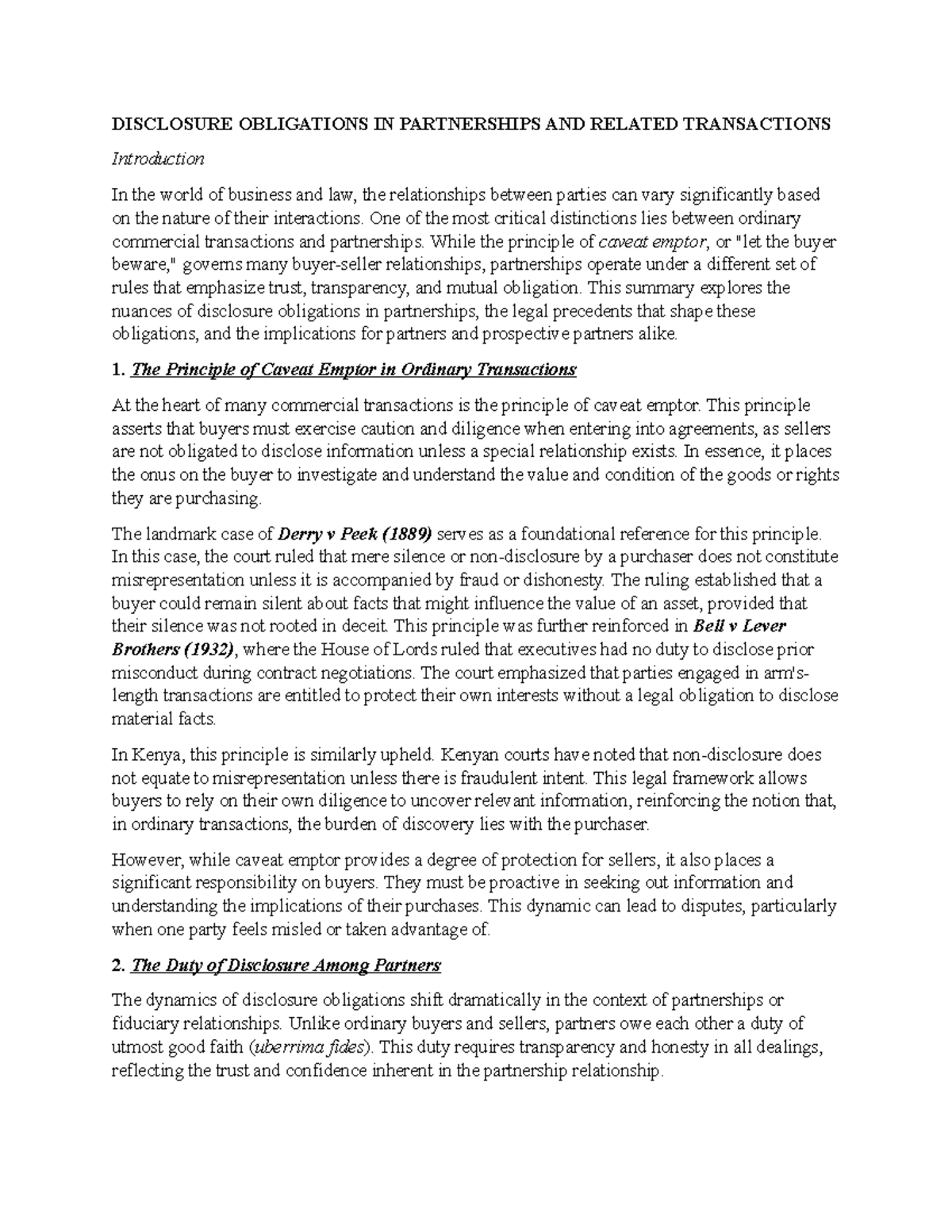 LBA TWO(II) - Disclosure Obligations in Partnerships and Transactions ...