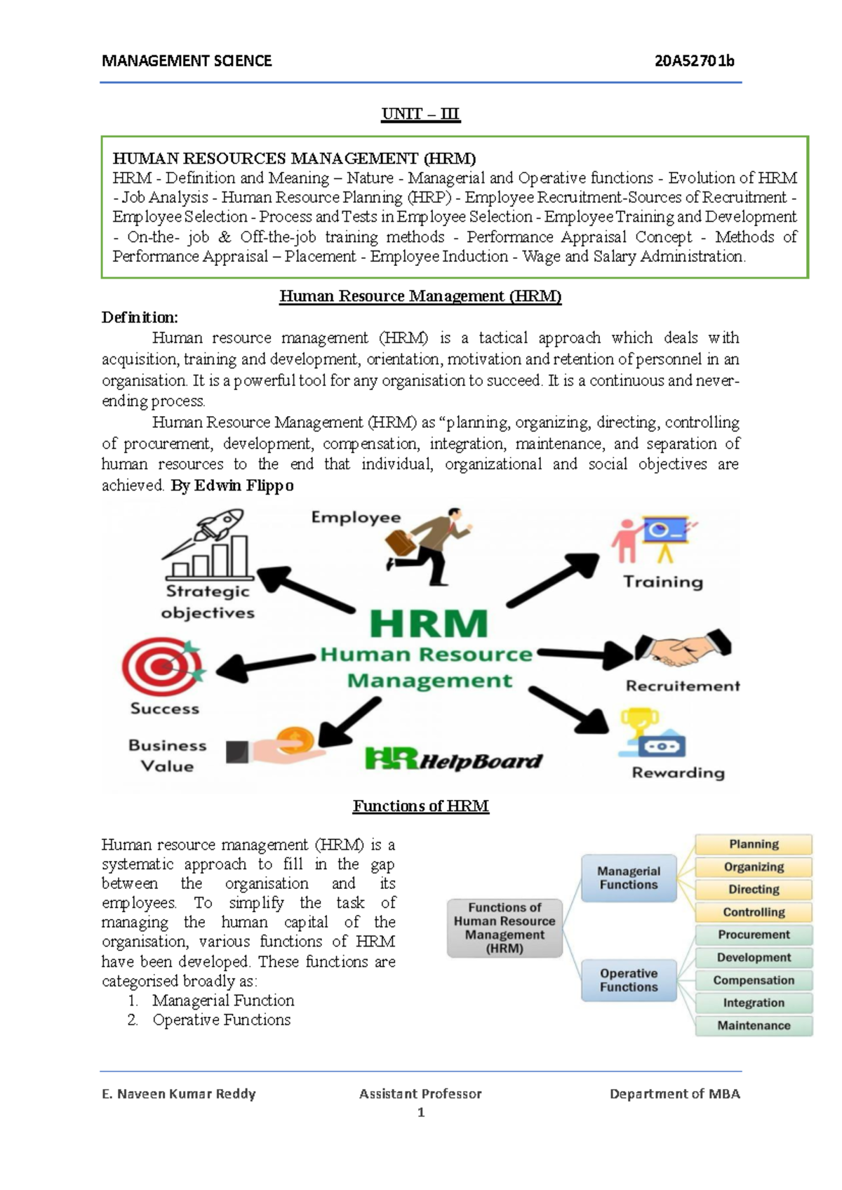 MANAGEMENT SCIENCE 20A52701b UNIT: Human Resources Management Overview ...