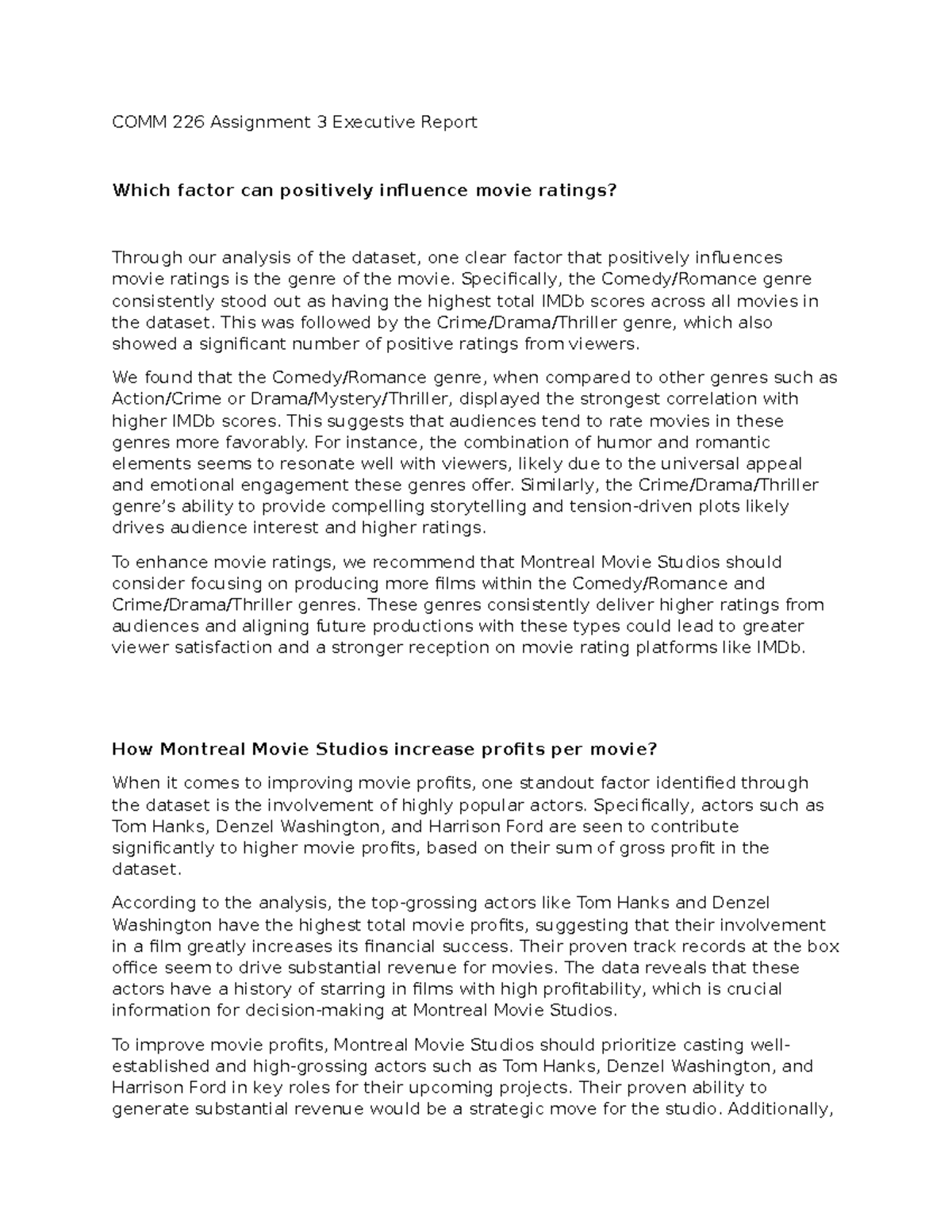 COMM 226 Assignment 3 Executive Report - COMM 226 Assignment 3 ...