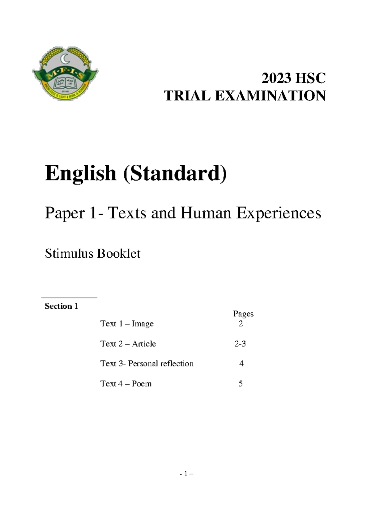 2023 HSC Trial Exam English Std Paper 1 Stimulus & Texts Analysis - Studocu