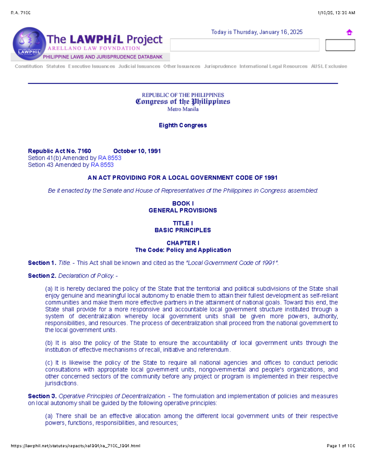 LGU Code of 1991 - lgu - Constitution Statutes Executive Issuances ...