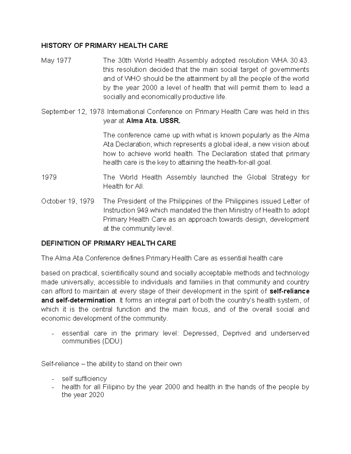 HIST 101: Primary Health Care Development and Global Strategies - Studocu