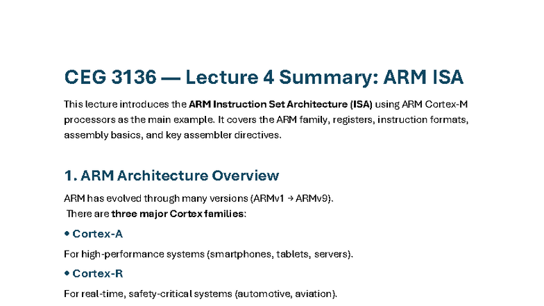 CEG 3136 Lecture 4 Summary: ARM ISA Overview and Key Concepts - Studocu