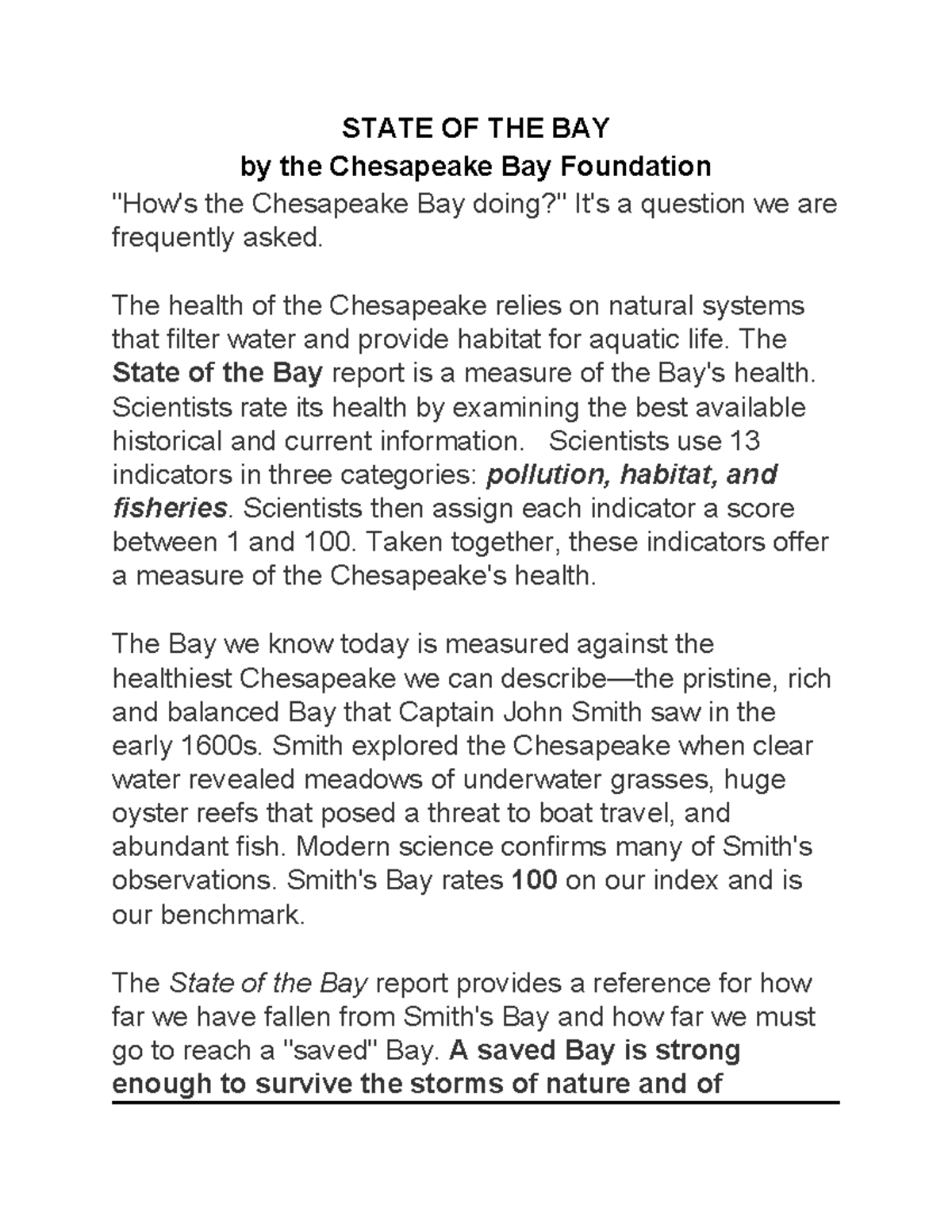 State of the bay student copy - STATE OF THE BAY by the Chesapeake Bay ...