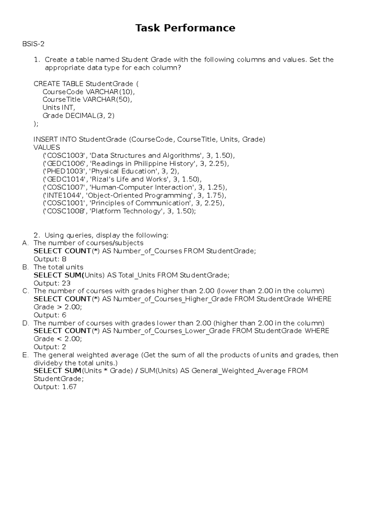 08-Task-Performance 1 Information-Management - Task Performance BSIS- Create a table named ...