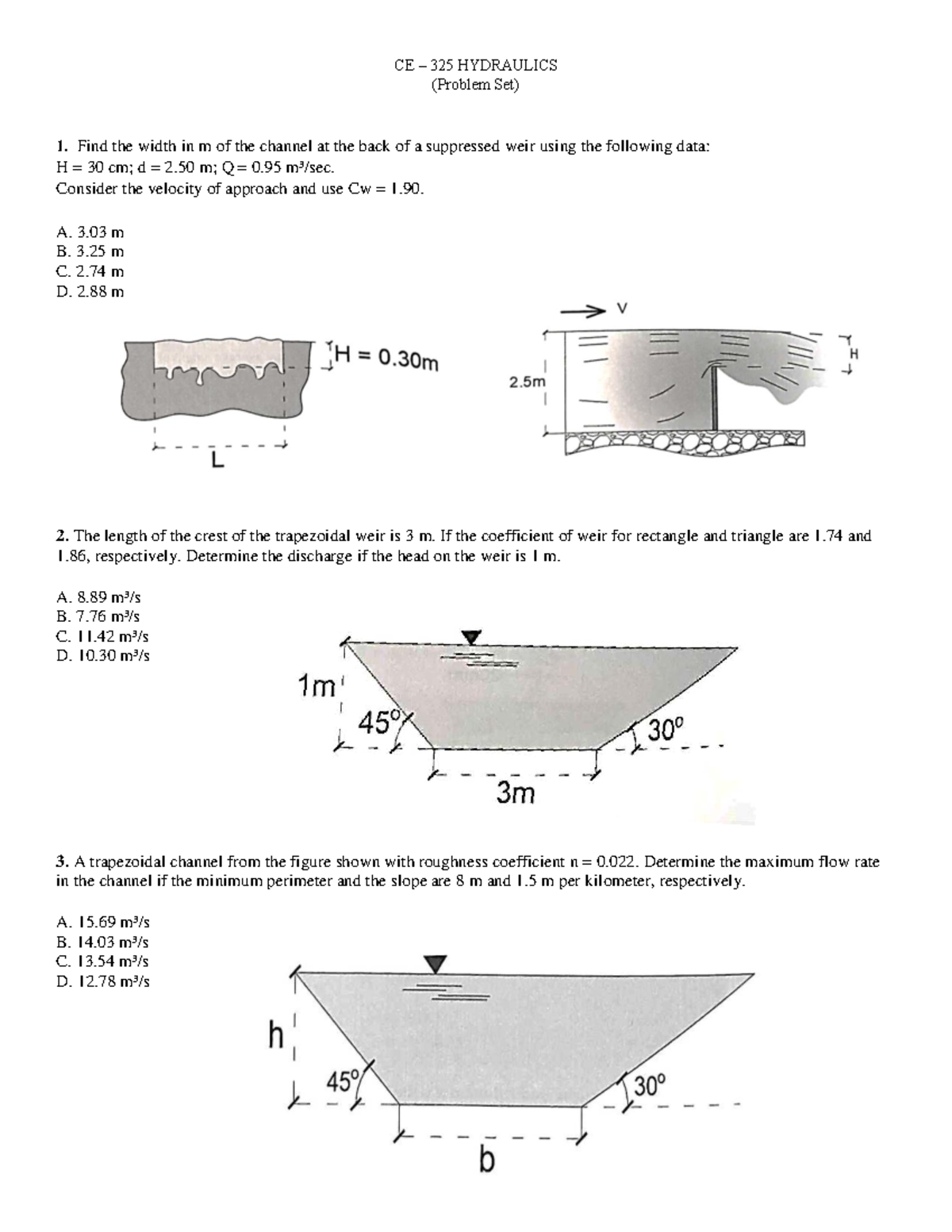 CE 325 HYDRAULICS (Problem Set) 3 Solutions and Calculations - Studocu