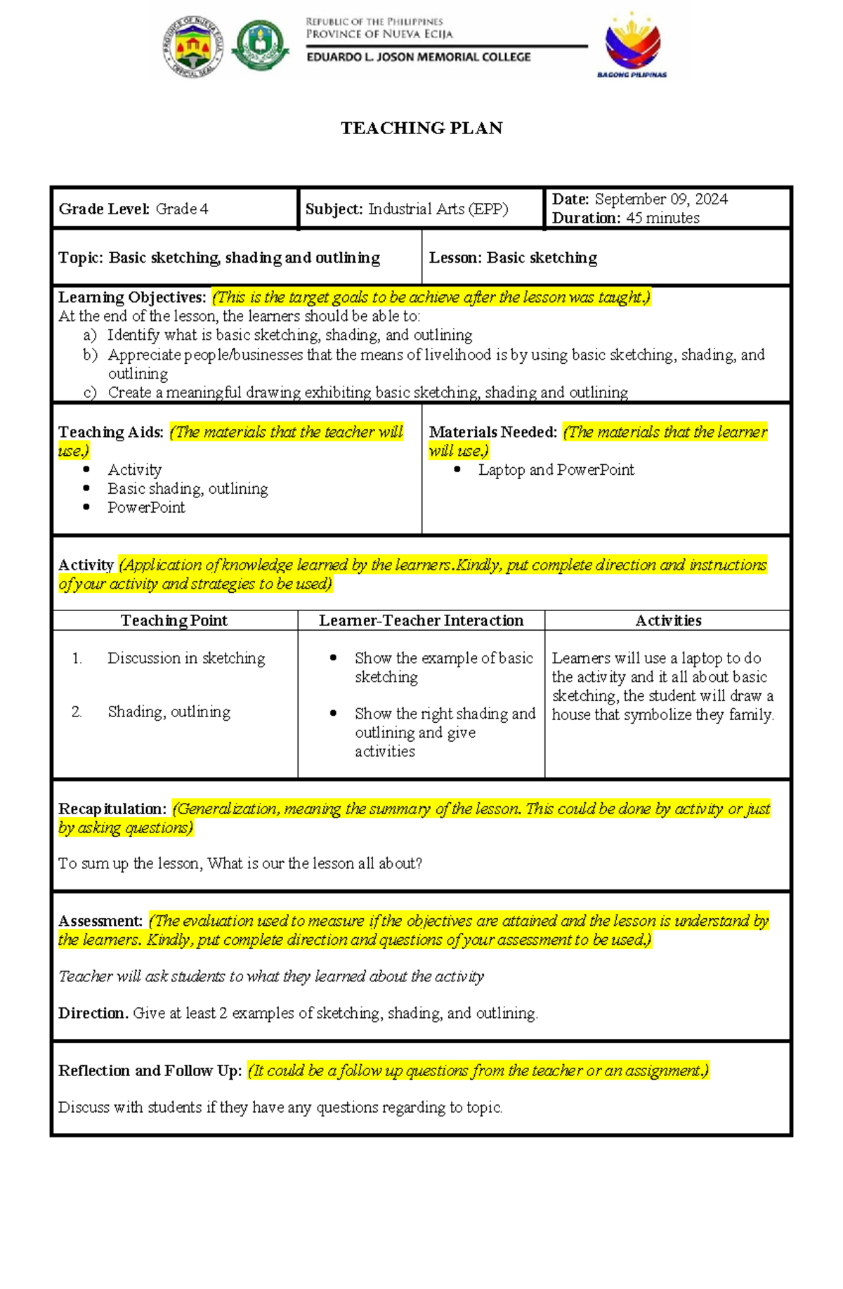 Teaching Plan Example for EPP Grade 4: Basic Sketching Lesson - Studocu